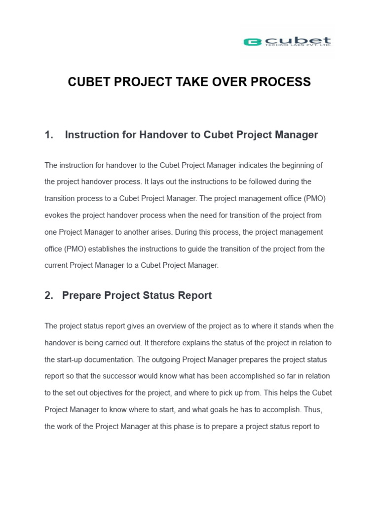 Project take over proces - Cubet | PDF