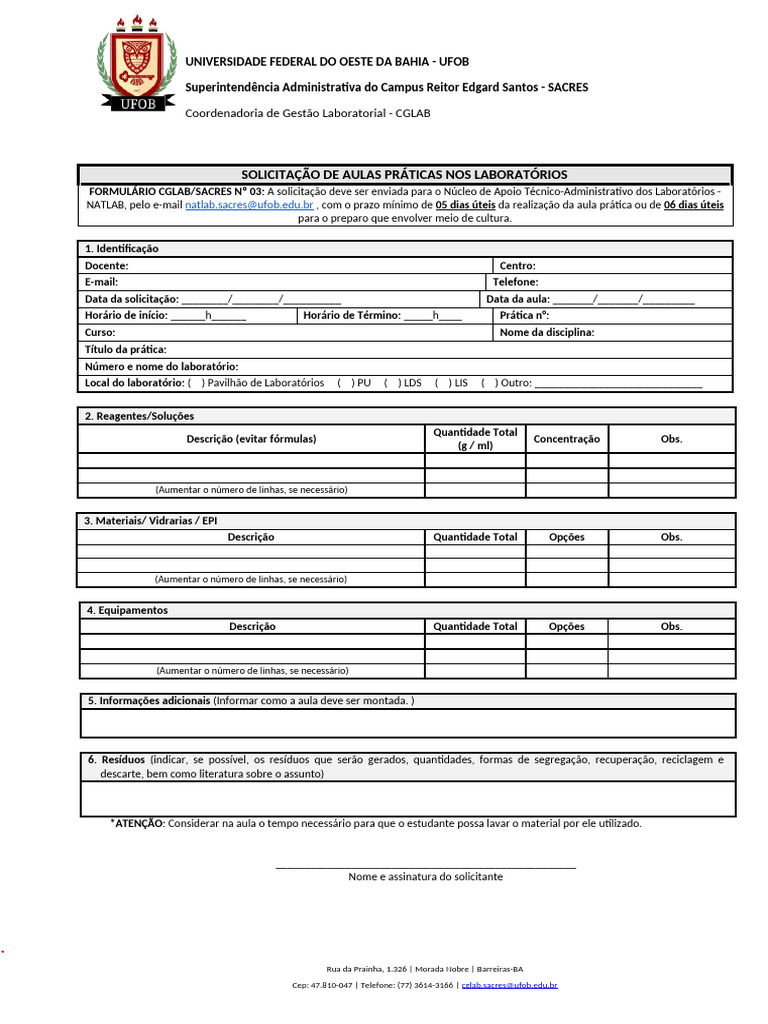 Formulário #03 - Solicitação de Aulas Práticas Nos Laboratórios - CGLAB ...