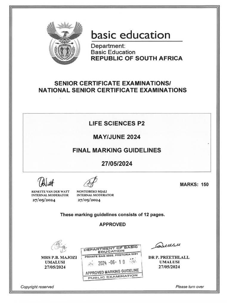 Life Sciences P2 May-June 2024 Approve Marking Guideline (Eng Ver) | PDF