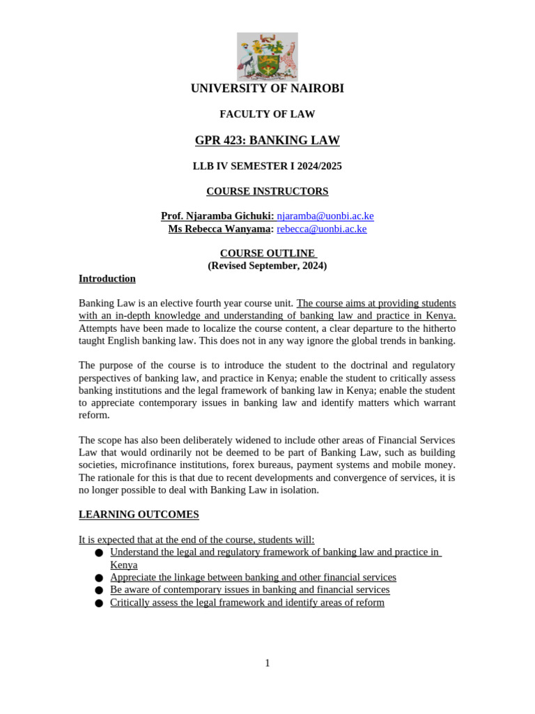 Banking Law Course Outline 2024 | PDF | Banks | Automated Teller Machine