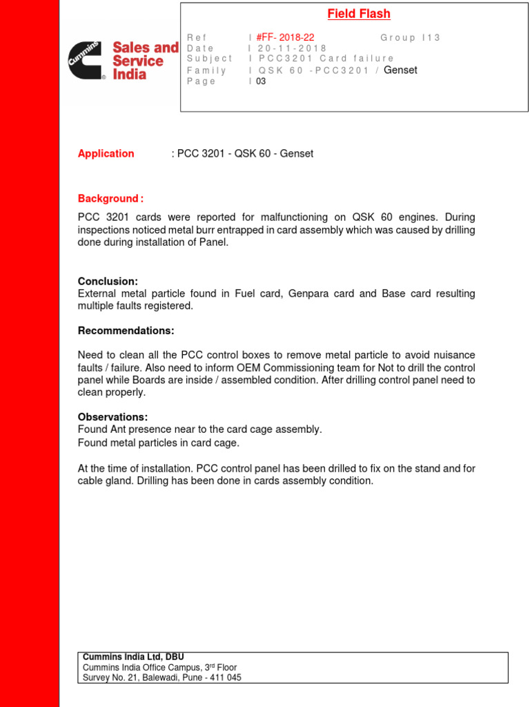 FF 2018 - 22 PCC 3201 Crad Failure - QSK 60 - Genset | PDF