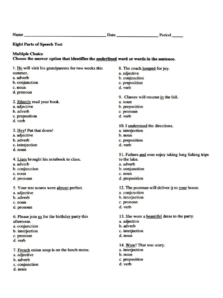 8th Class Test Paper (Parts of Speech) | PDF