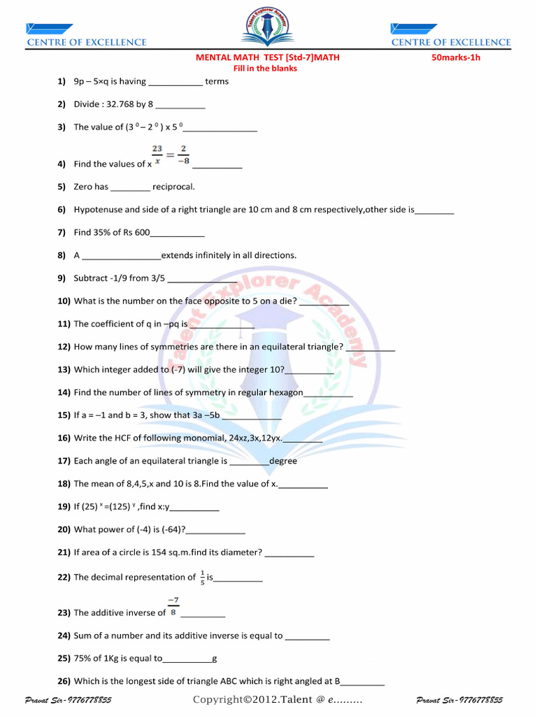 MENTAL MATH TEST-Std-7 | PDF