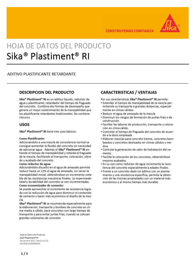 Sika Plastiment Ri | PDF | Hormigón | Agua