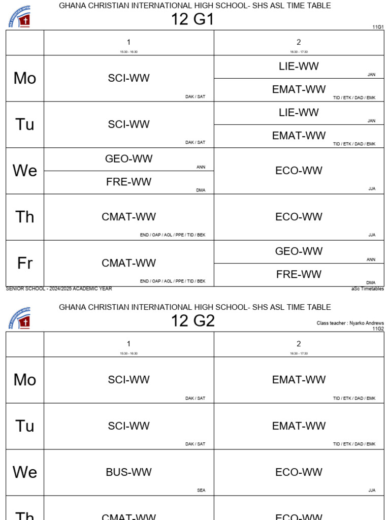 SHS - Term 2-Asl Timetable - 2025 - Wassce-Classes | PDF
