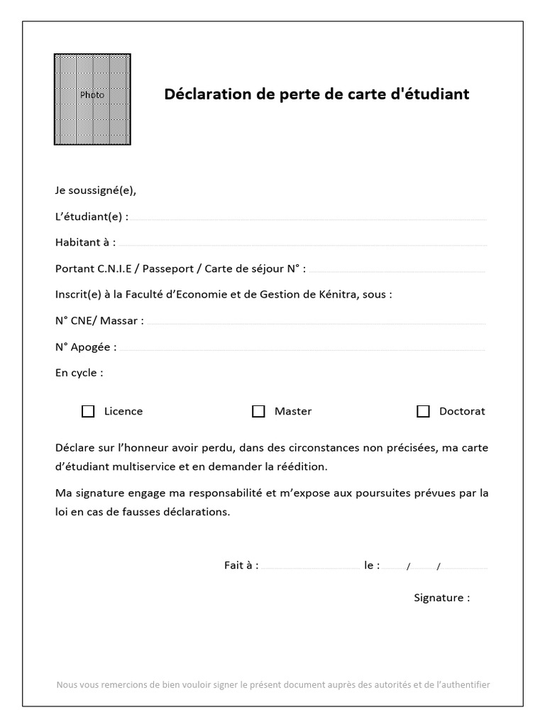 Déclaration de perte carte étudiant | PDF