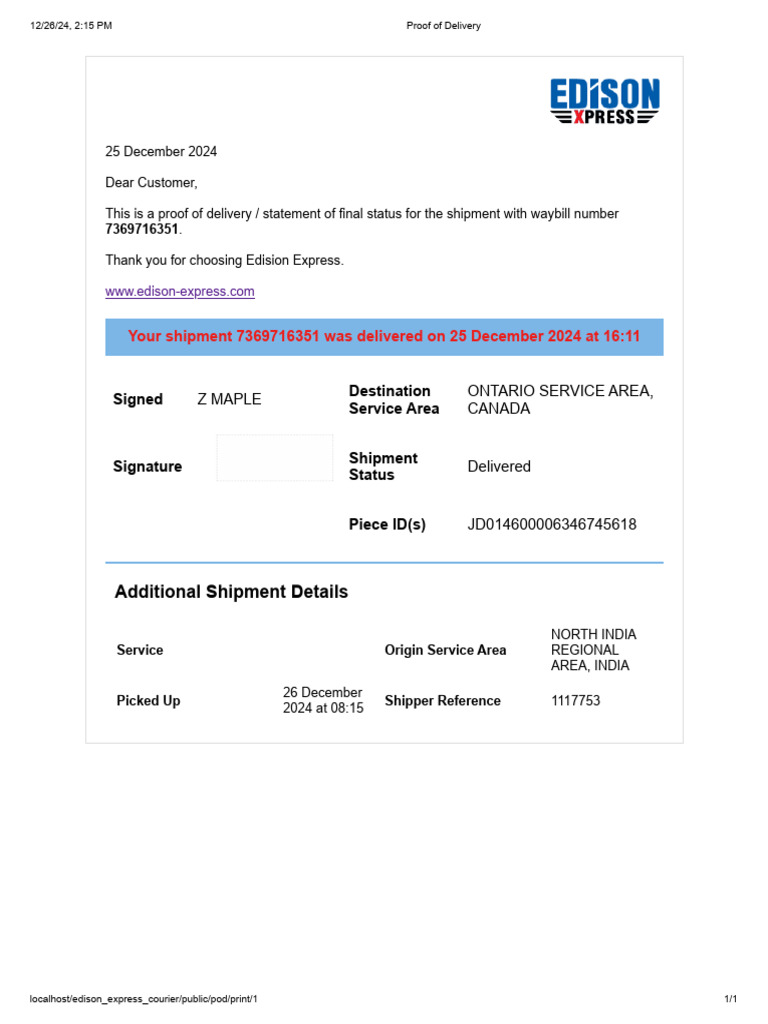 Proof of Delivery | PDF