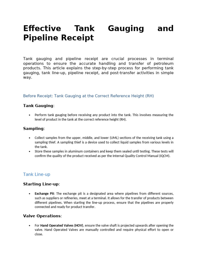 Tank Gauging and Pipeline Receipt Guide | PDF | Valve | Pump