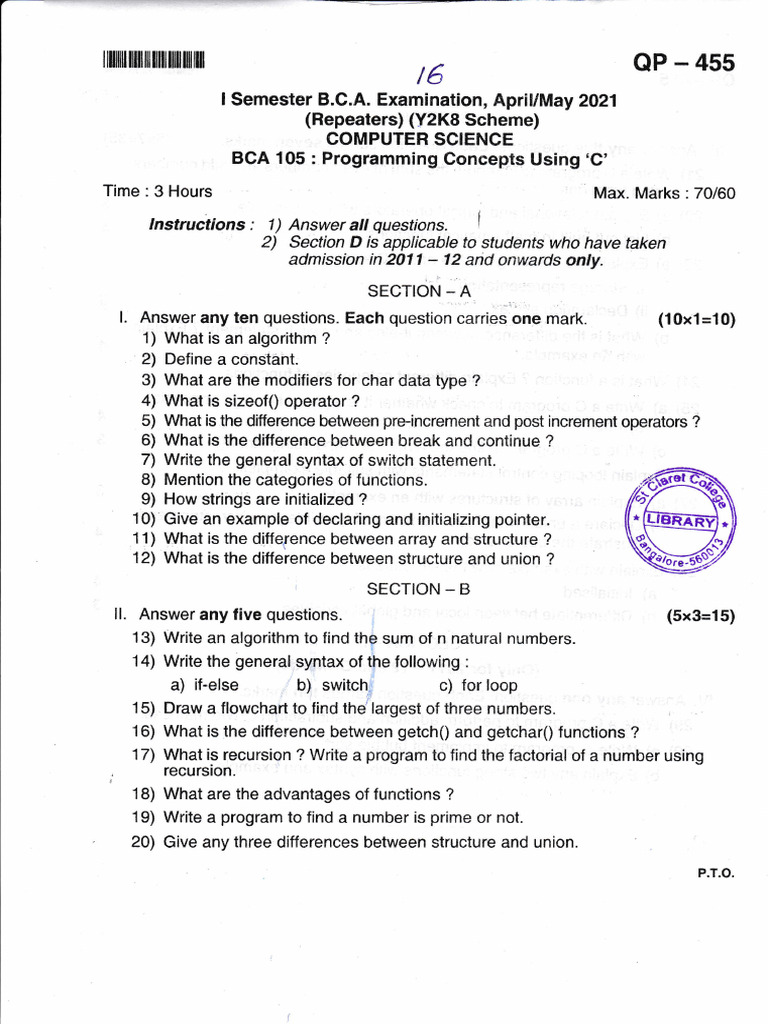 16 Programming Concepts Using C - April May 2021 (Repeaters Y2K8) | PDF | String (Computer ...