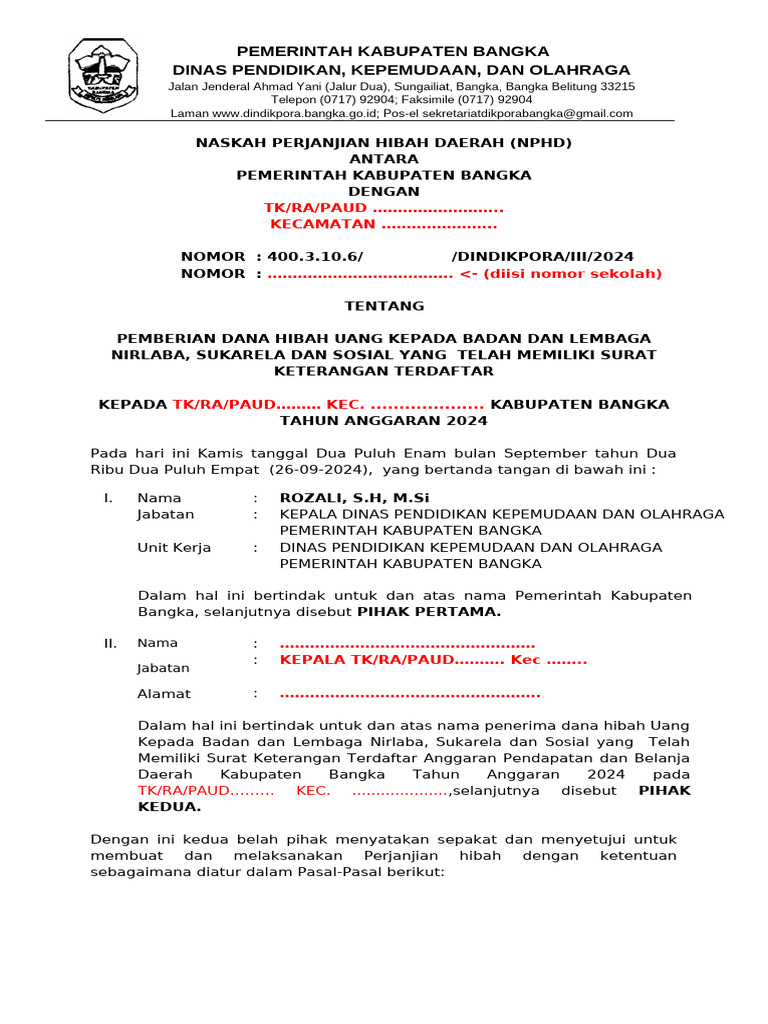 NPHD Hibah Pendidikan Kabupaten Bangka | PDF