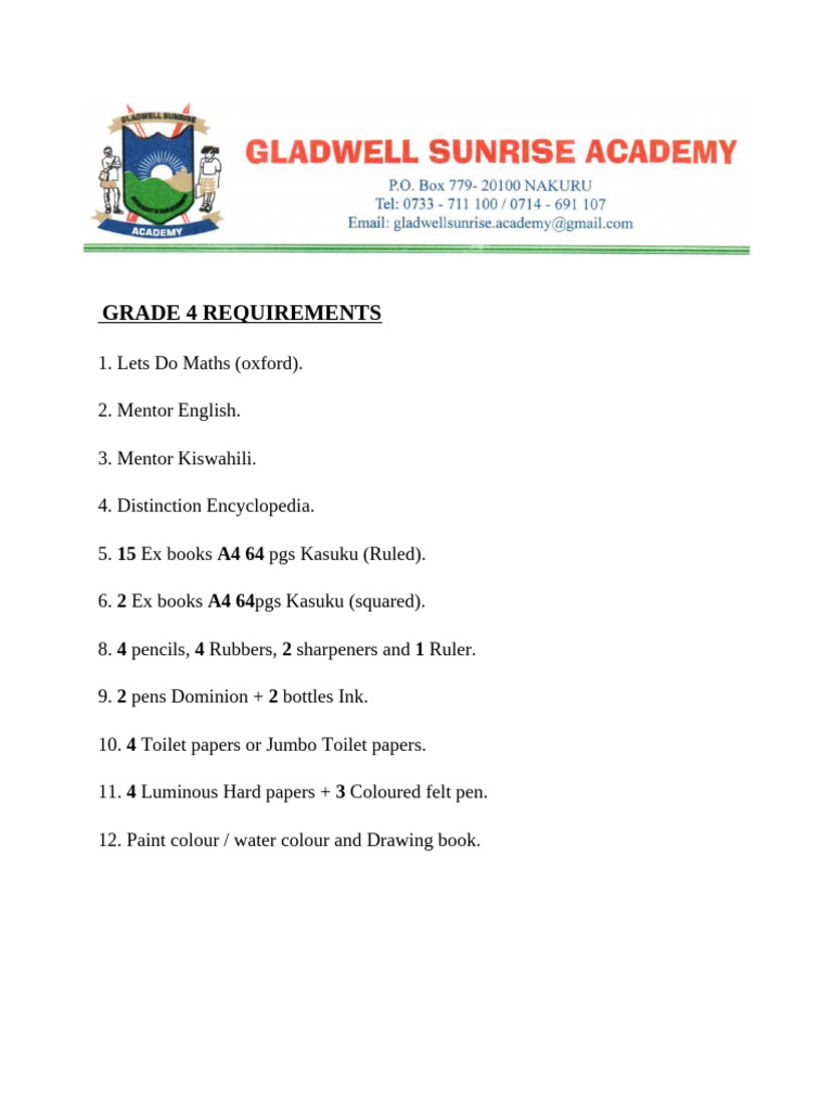 Grade 4 School Supplies List | PDF