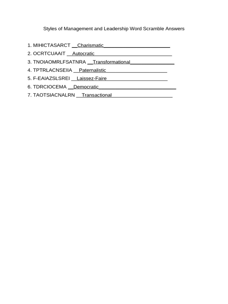 Styles of Management and Leadership Word Scramble Answers | PDF