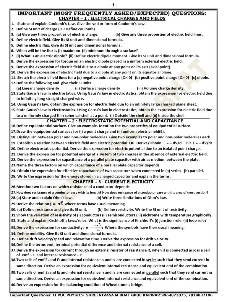 II PUC Physics Important Questions | PDF | Electric Field | Inductance