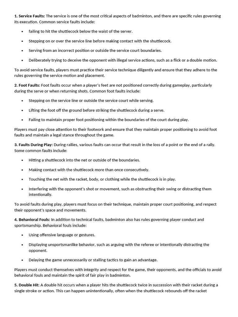 Badminton Faults & Fouls Guide | PDF | Ball Games | Athletic Sports