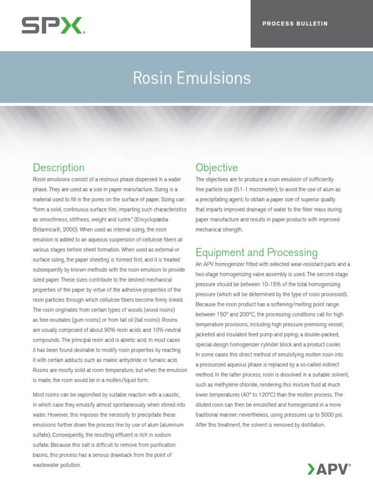 APV Homogenizer Rosin Emulsions Processing - US | PDF | Emulsion | Chemical Substances