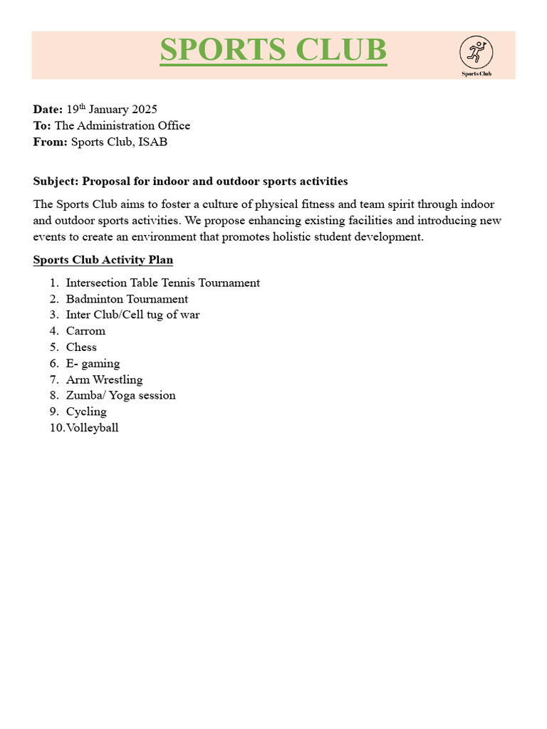 Proposal For Sports Activities Organised by Sports Club | PDF