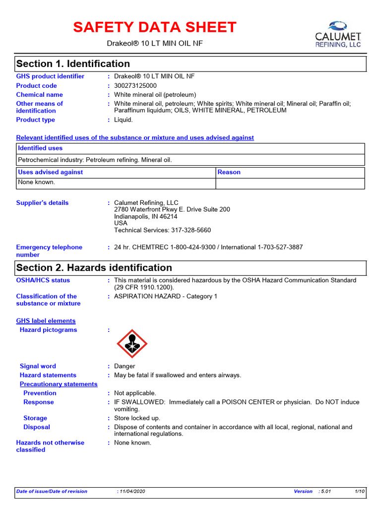Drakeol® 10 LT MIN OIL NF SDS | PDF | Toxicity | Waste