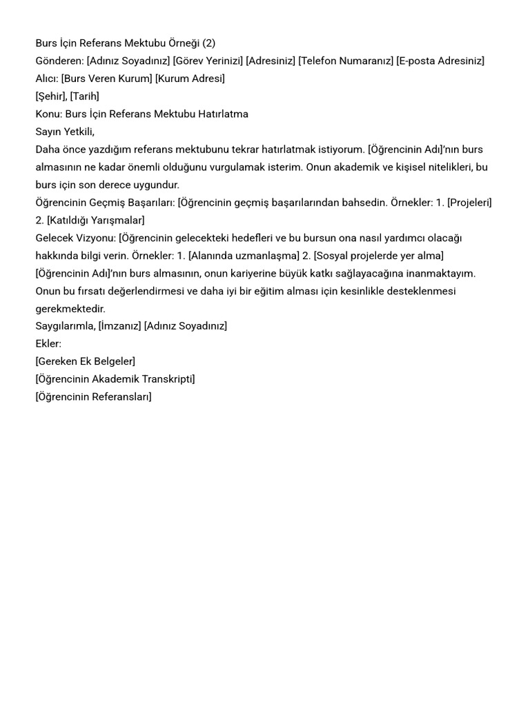 Burs Referans Mektubu Örneği | PDF