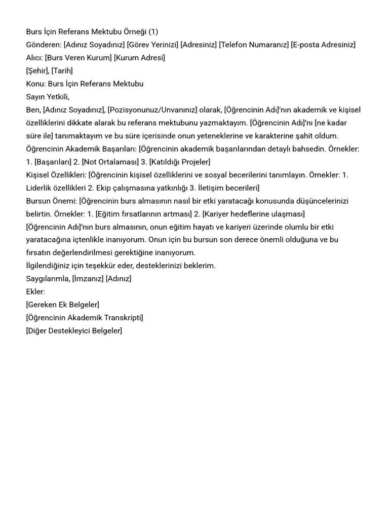 Burs Referans Mektubu Örneği | PDF