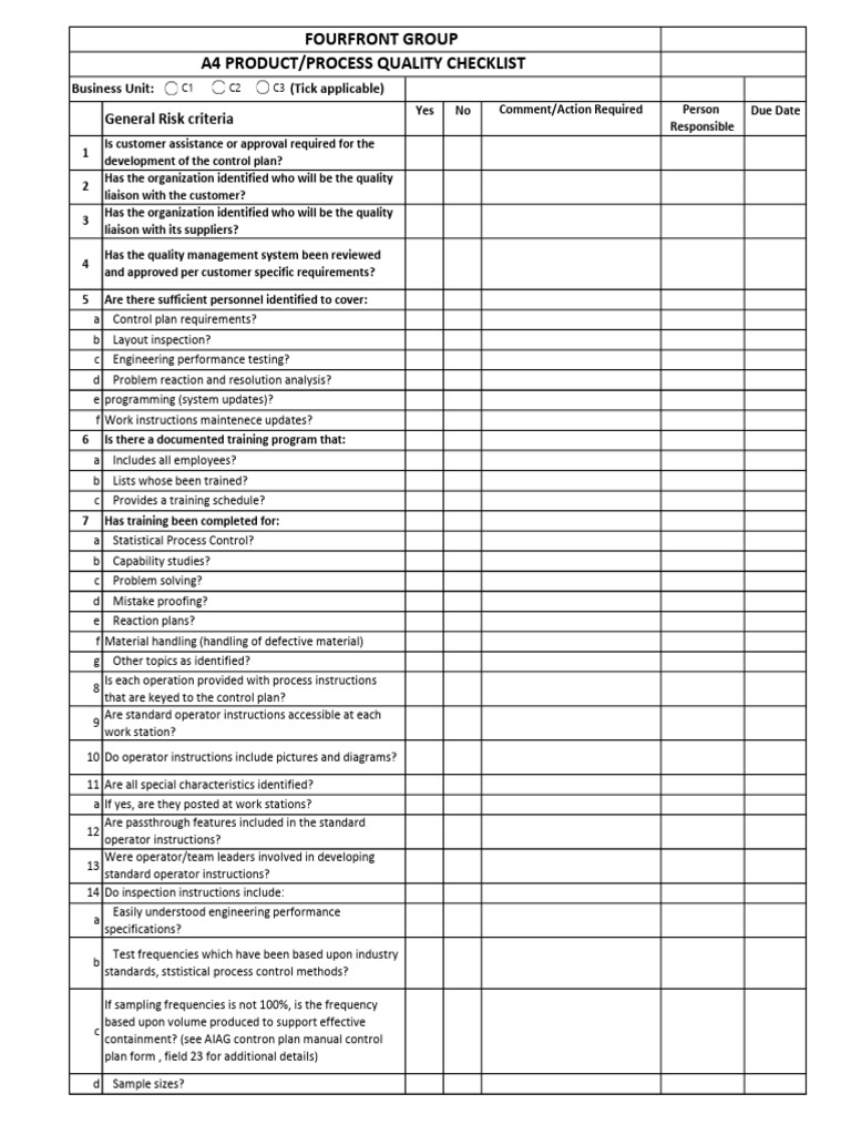 A4 Product - Process Quality Checklist | PDF | Business