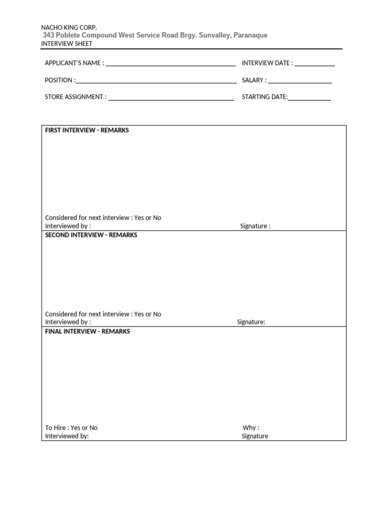 Nacho King Corp. Interview Sheet | PDF