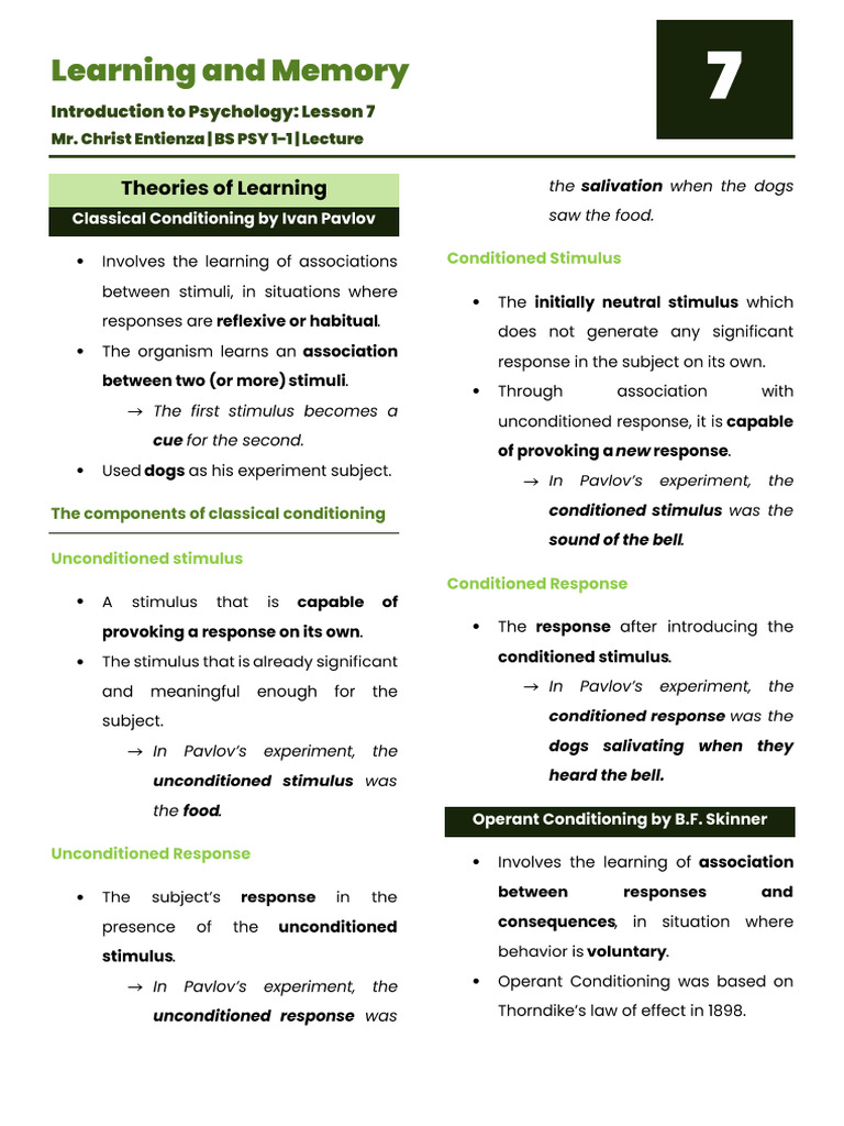 ITP - Lesson 7 - Learning and Memory | PDF