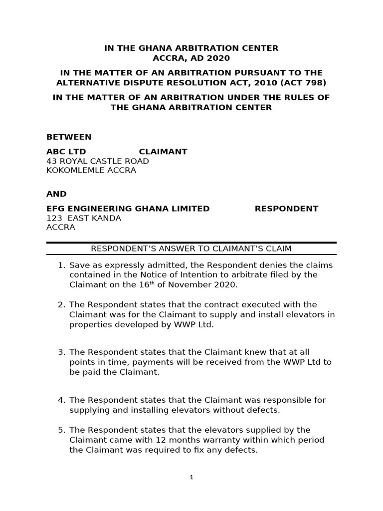 Template- Answer to Request to Arbitrate | PDF | Arbitration | Civil ...