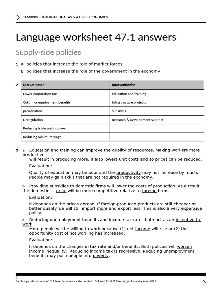 Supply-Side Policies Worksheet Answers | PDF | Economics | Taxes