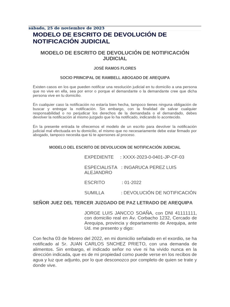 Modelo de Escrito Devolucion de Notificacion | PDF | Demanda judicial | Justicia