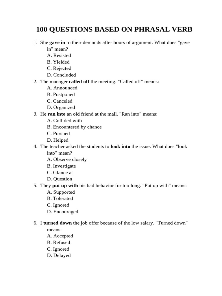 Phrasal Verb Quiz with Answers | PDF