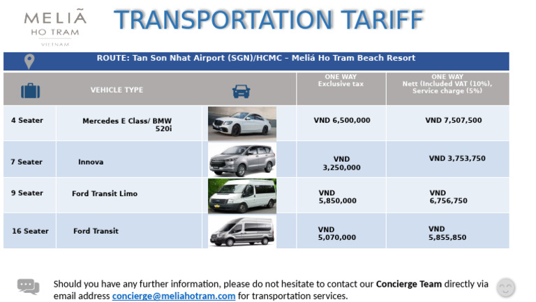 Transportation Tariff SGN to Melia Ho Tram | PDF