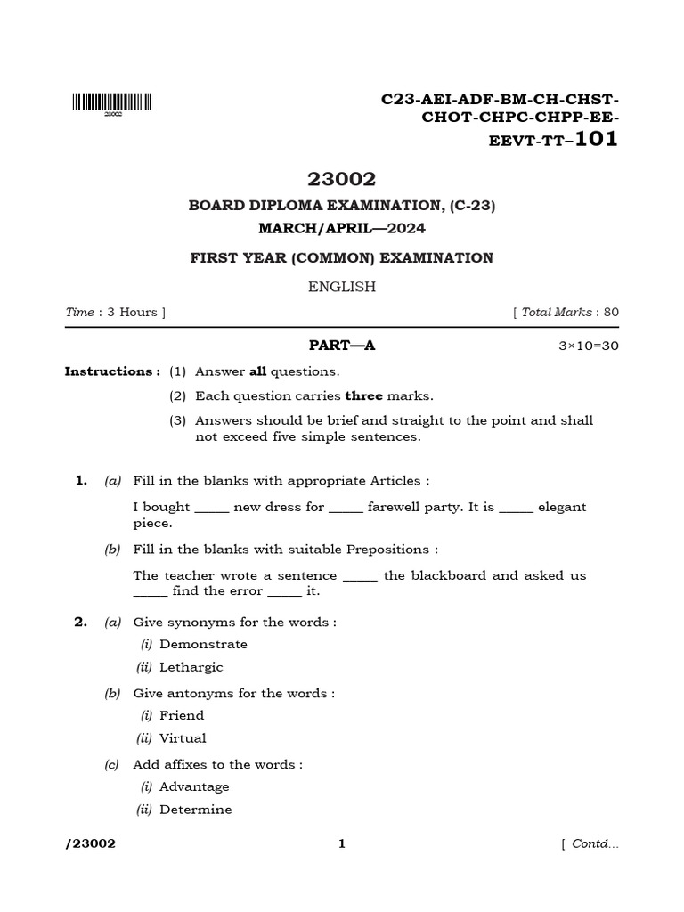 English Board Diploma Exam 2024 Guide | PDF | Hobbies | Grammar