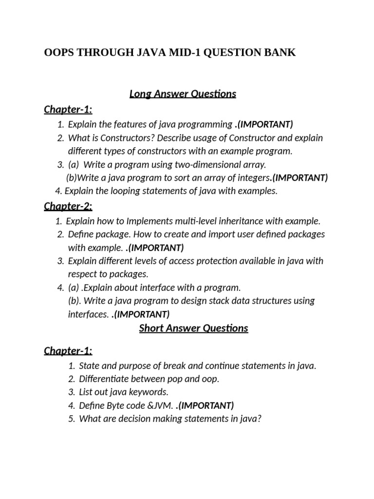 Java OOPs Mid-1 Question Bank | PDF