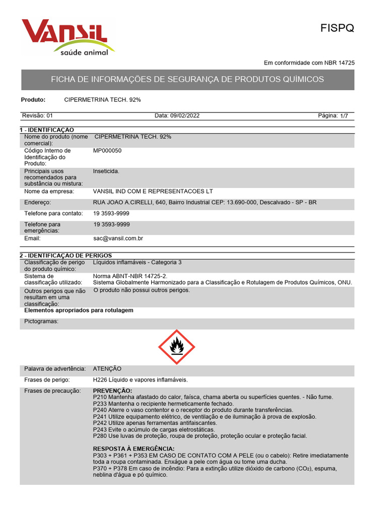FISPQ Cipermetrina Tech 92% - Segurança Química | PDF | Dióxido de ...