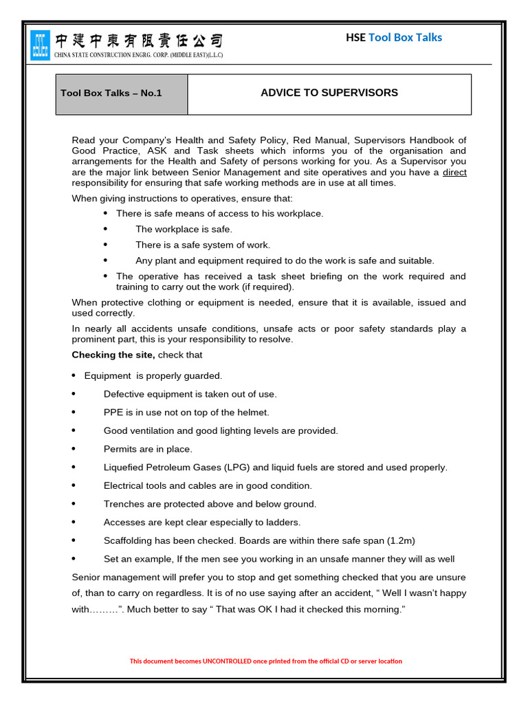 HSE - TBT 01 - Advice To Supervisors | PDF