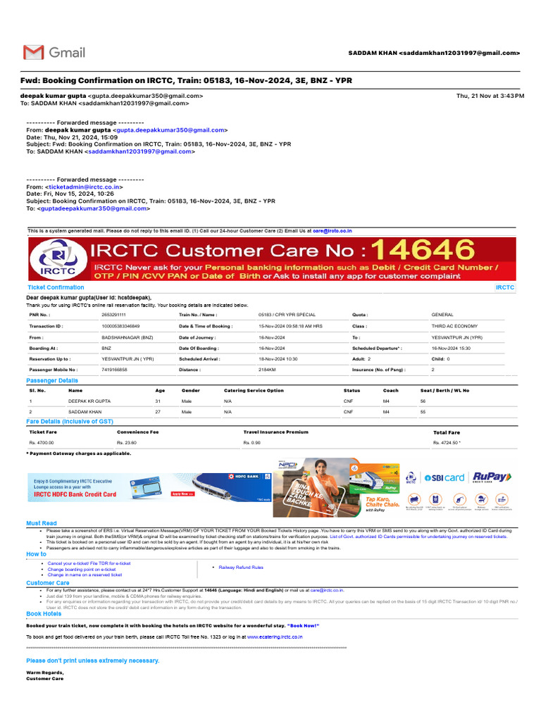 Fwd- Booking Confirmation on IRCTC, Train- 05183, 16-Nov-2024, 3E, BNZ ...