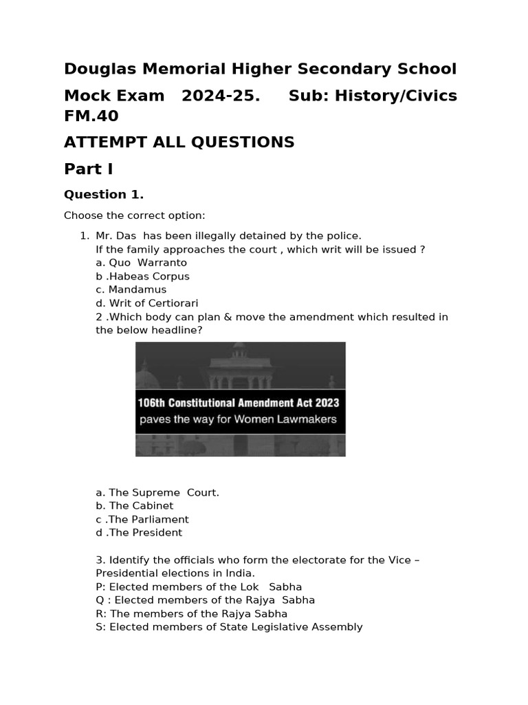 History/Civics Mock Exam 2024-25 | PDF | Writ | Public Law