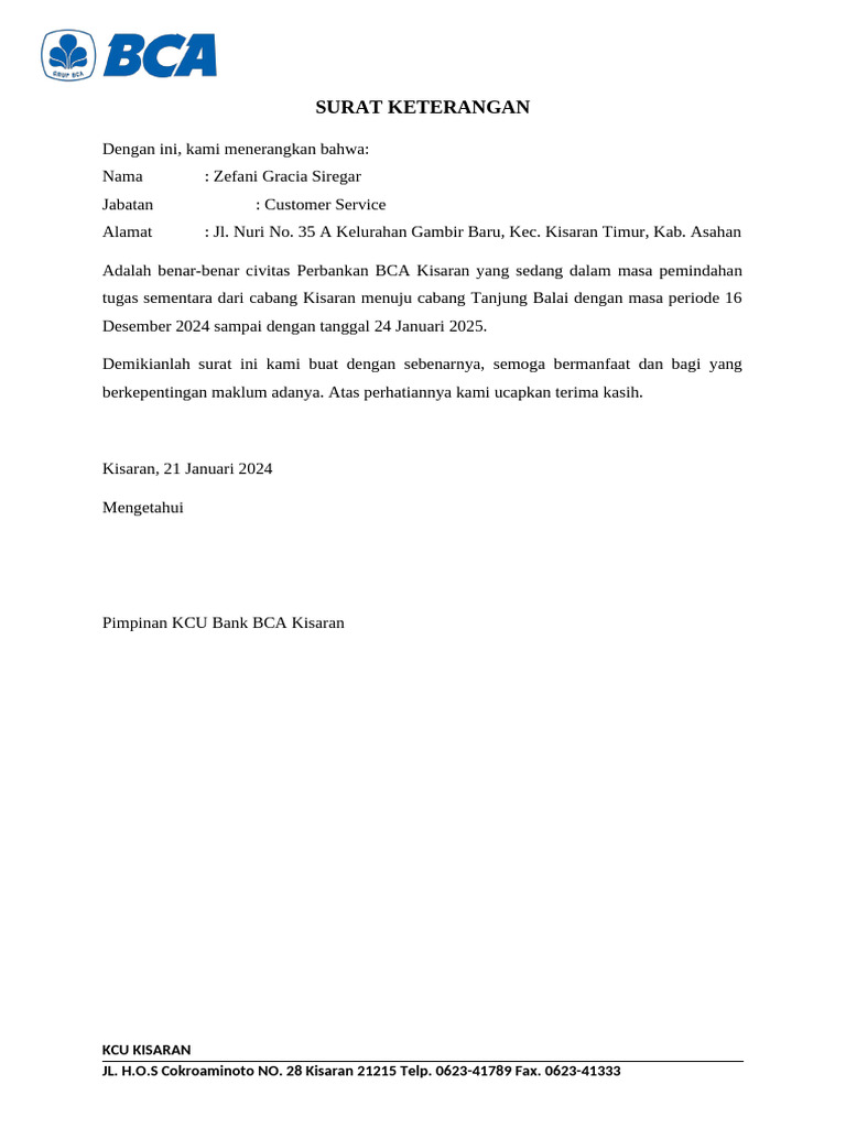 Surat Resmi BCA | PDF