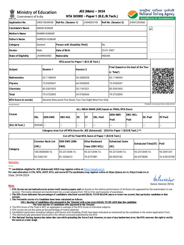 JEE Main 2024 NTA Scorecard for Aman Kumar | PDF | Qualifications | Tests