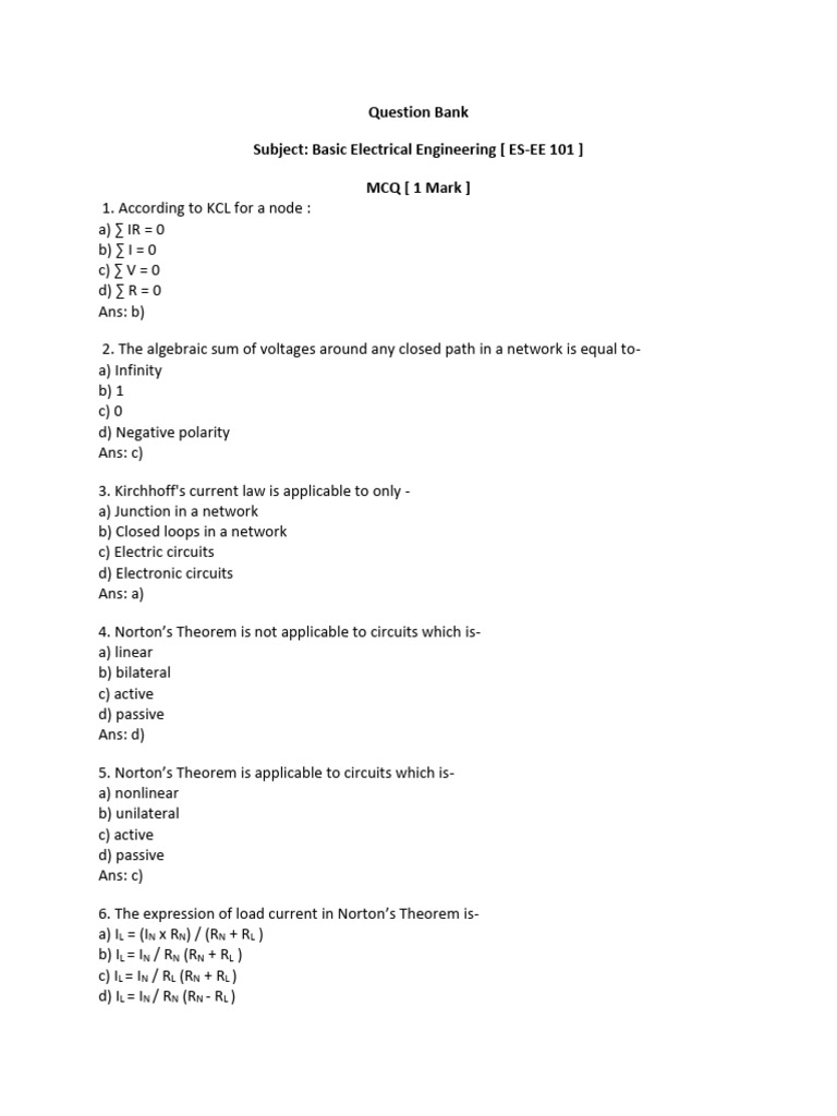 Basic Electrical Engineering MCQs | PDF | Electrical Network | Transformer