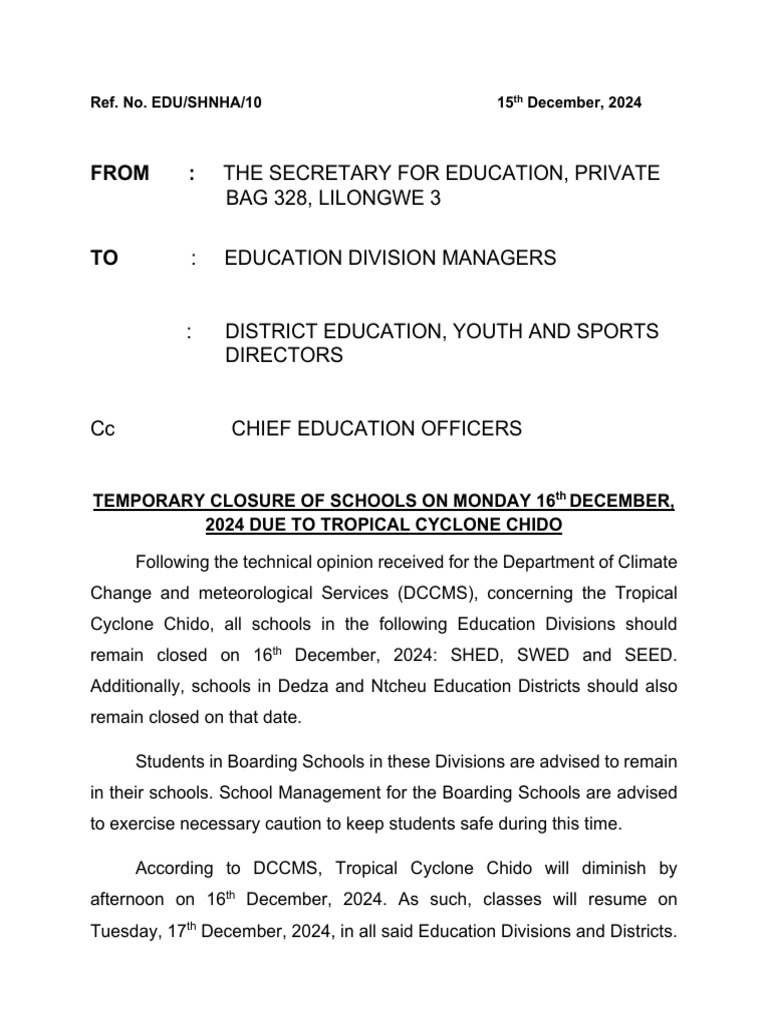 MEMO Closure of Schools 16 December, 2024 | PDF