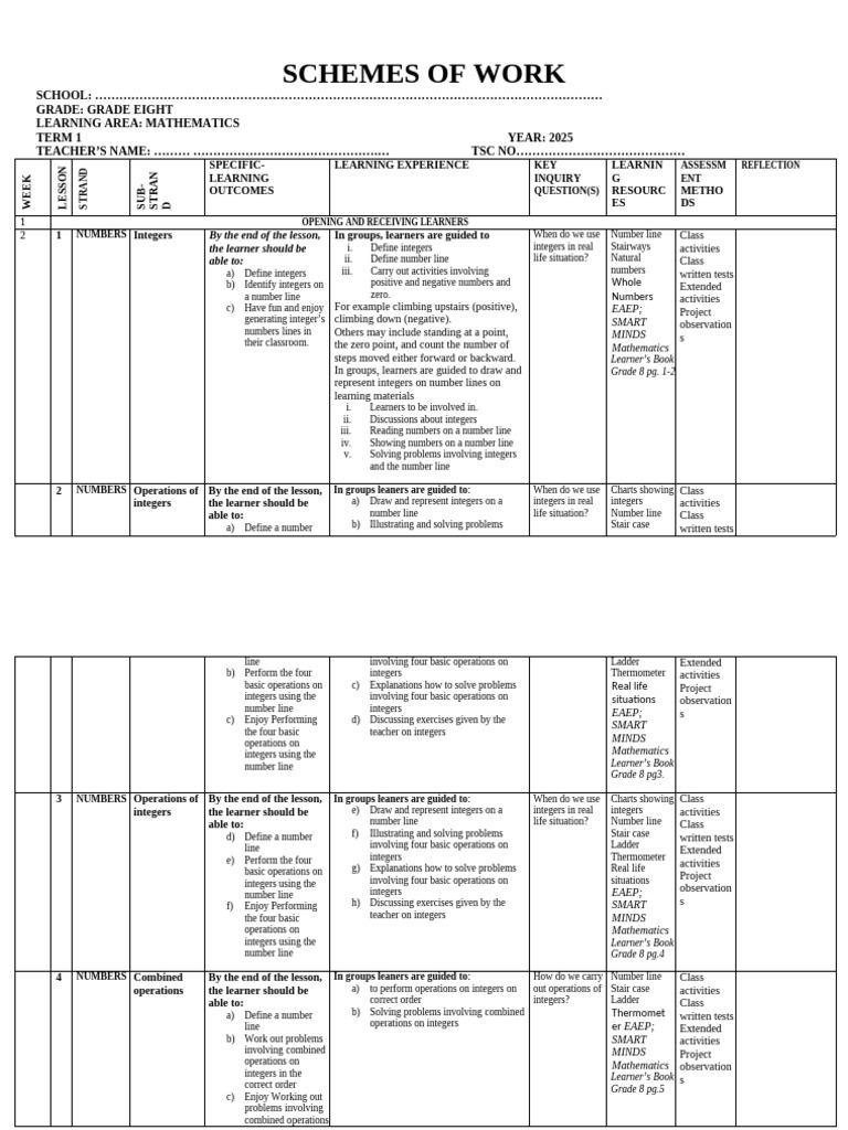 Grade 8 Mathematics Schemes of Work Term 1 Smart Minds | PDF ...