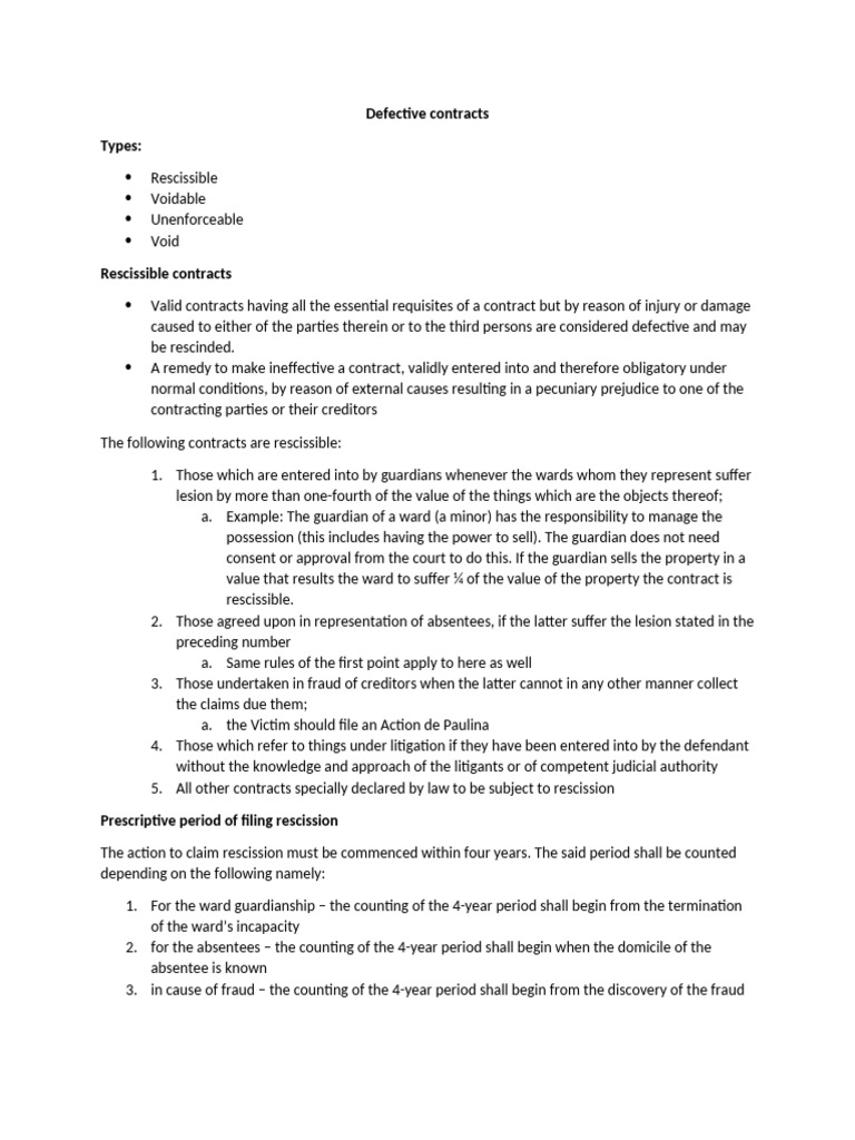 Types of Defective Contracts Explained | PDF | Annulment | Contract Law