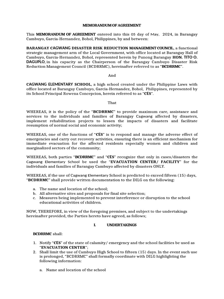 MEMORANDUM OF AGREEMENT (Evacuation Center) | PDF | Emergency ...