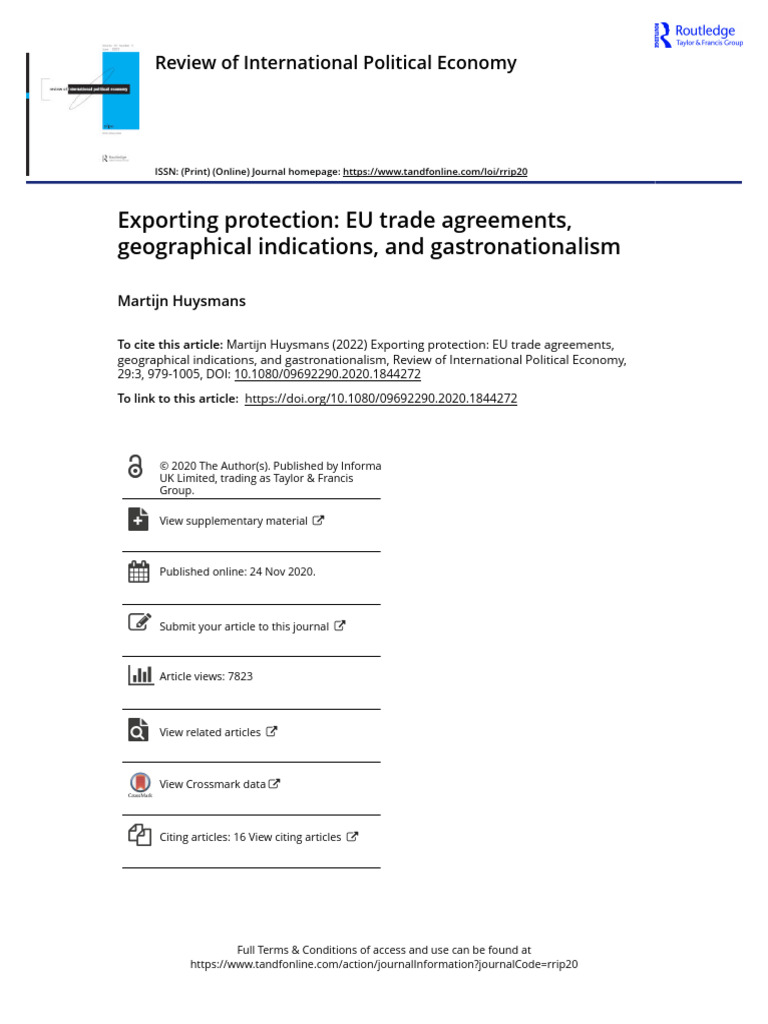 Exporting Protection EU Trade Agreements Geographical Indications and Gastronationalism | PDF ...
