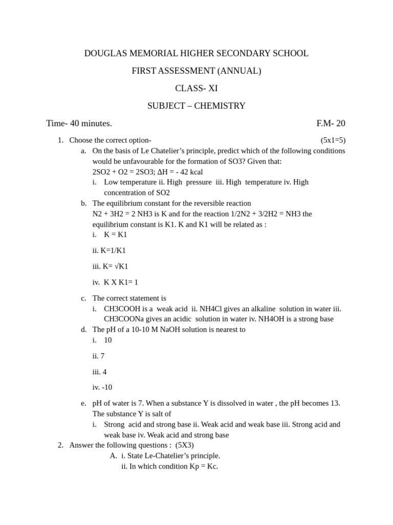Class XI Chemistry Annual Assessment | PDF