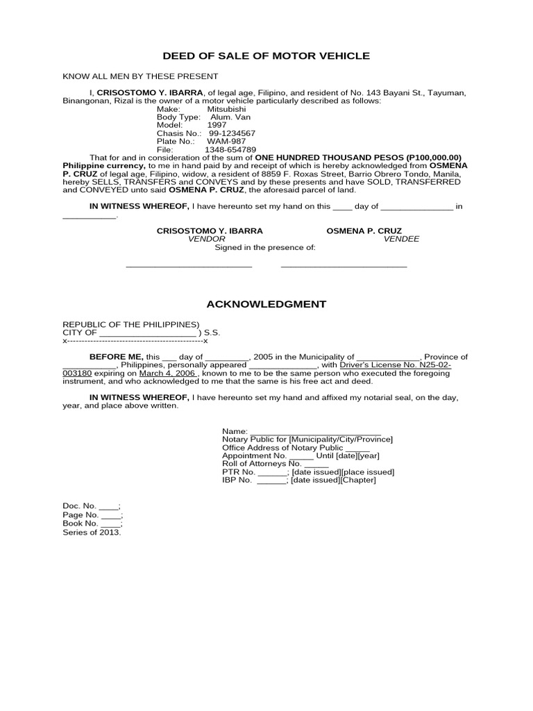 Motor Vehicle Sale Deed Template | PDF | Philippines | Civil Law ...