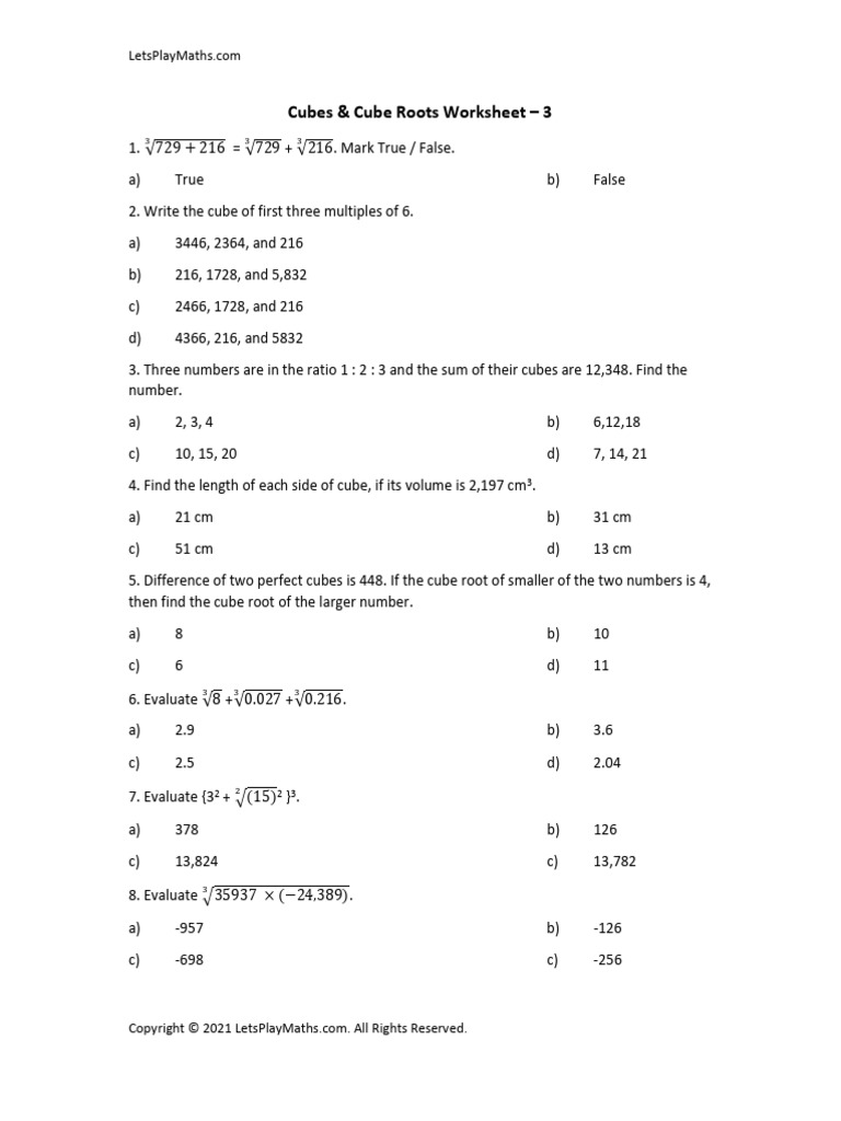 Cubes and Cube Roots Worksheet-3 | PDF | Numbers | Mathematics