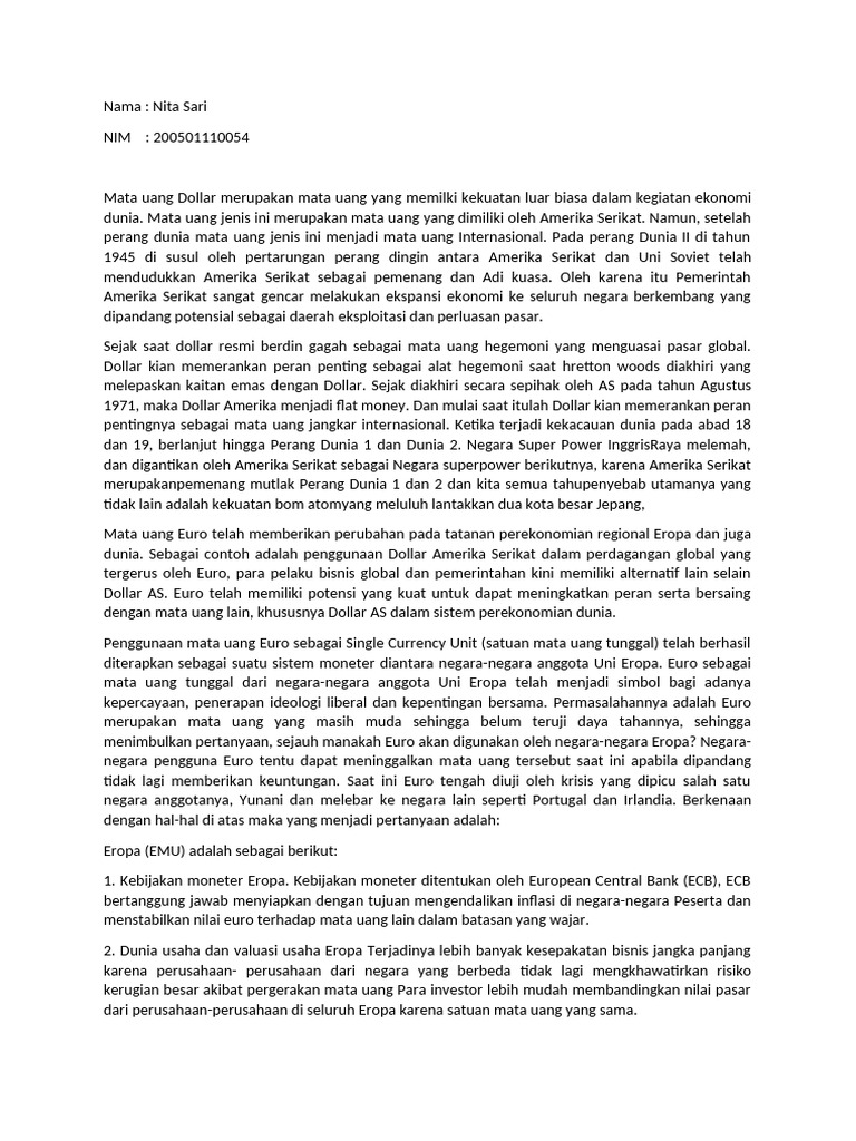 Nita Sari Essay Euro Dollar | PDF