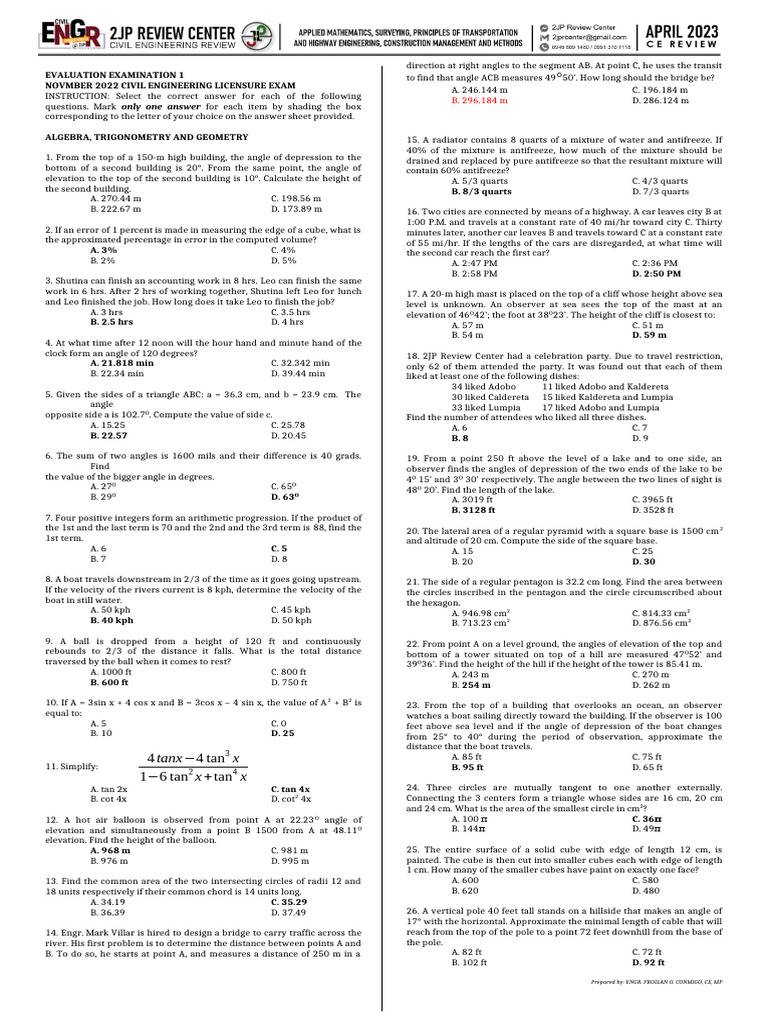 EVAL EXAM IN ALGEBRA TRIGO and GEOM | PDF | Triangle | Elementary Geometry